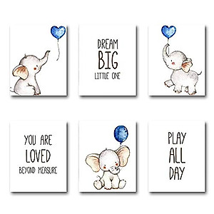 iMagitek Set of 6 Unframed Baby Boy Nursery Wall Art Prints, Blue Elephant Nursery Wall Decor, Elephants with Blue Balloons Wall Art Decorations for Baby Boy Nursery, Boy's Room (8" x 10")
