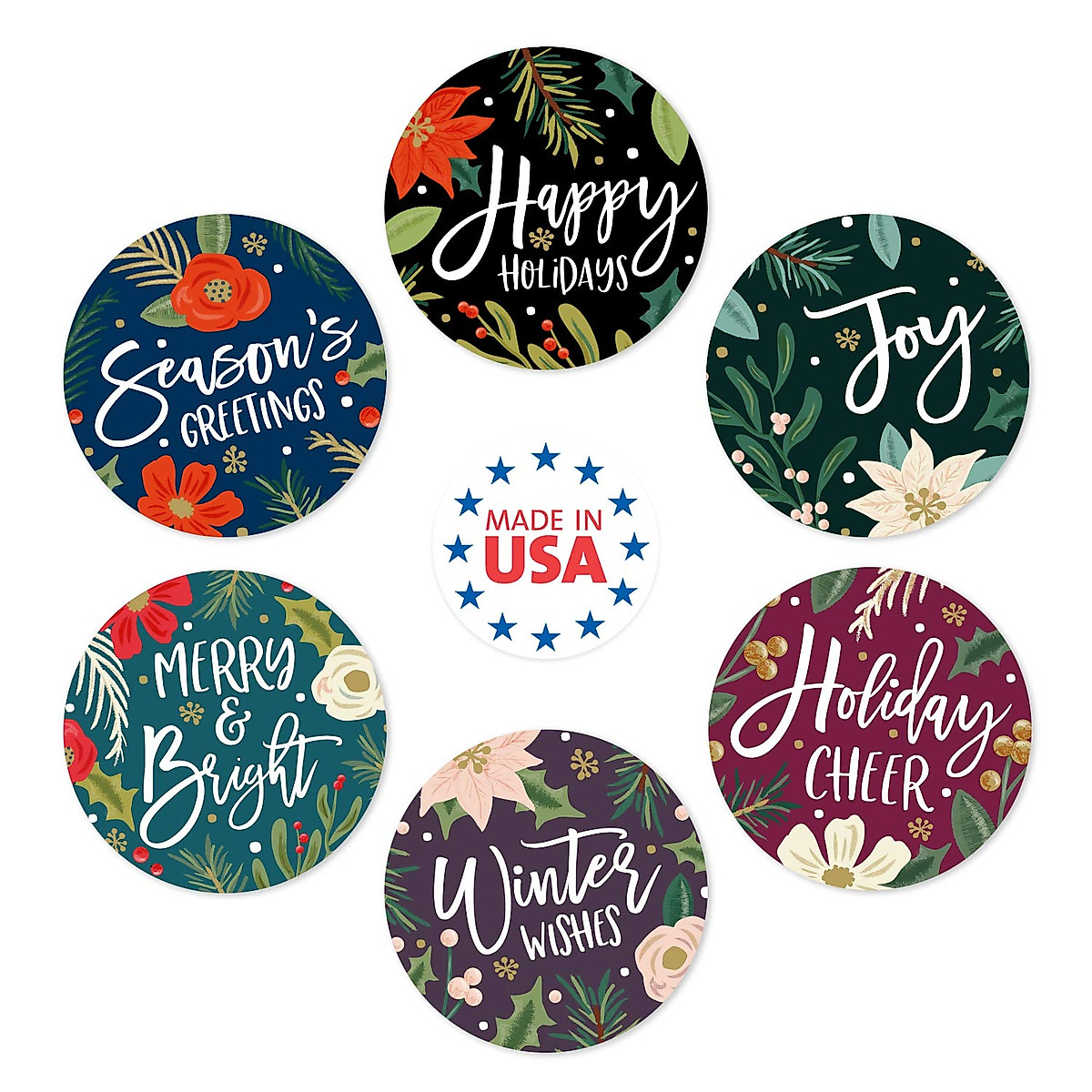 Bold Floral Holiday Stickers / 500 Modern Poinsettia Winter Stickers / 6 Alternating Vibrant Christmas Envelope Seals / 1.5" Round Labels