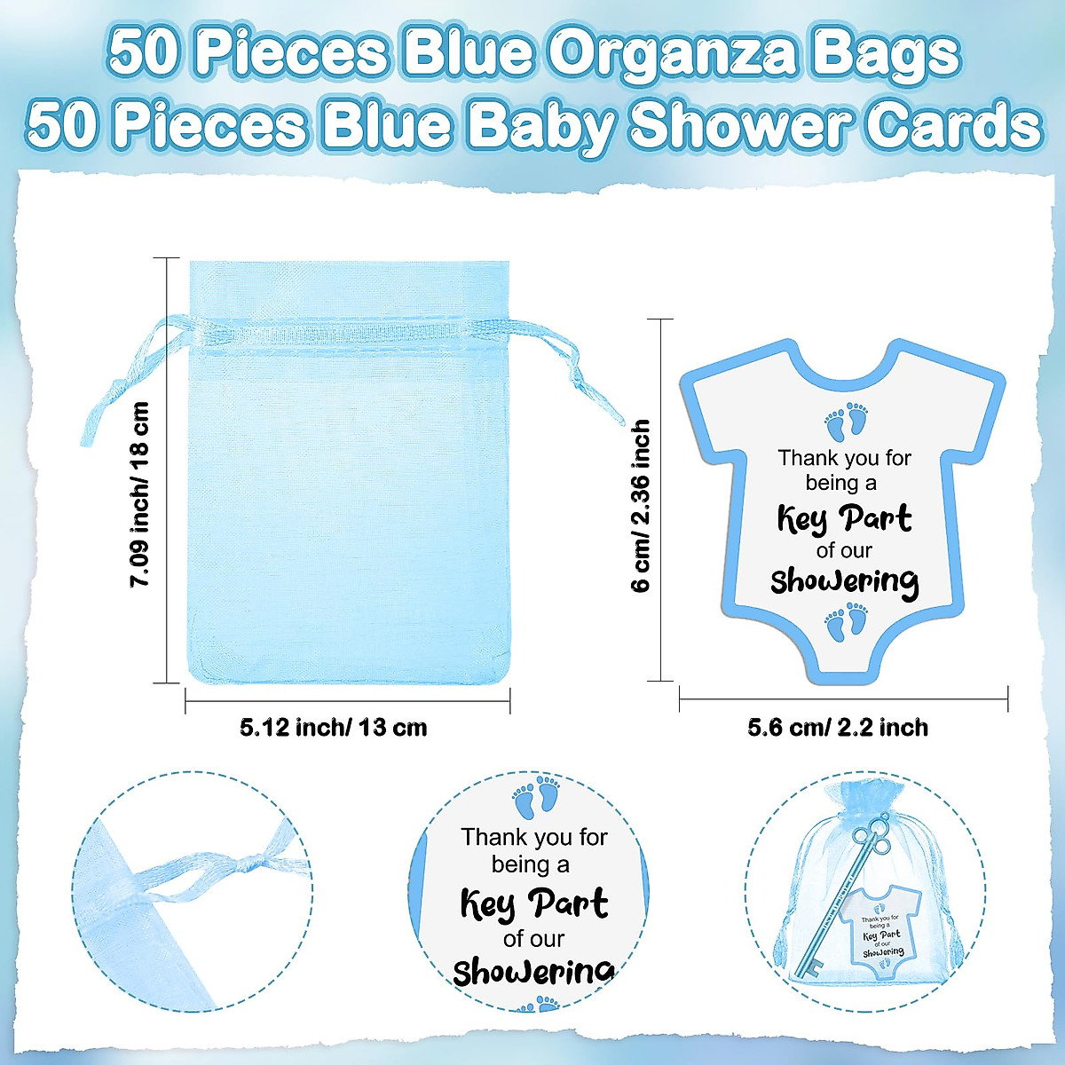 Geyoga 50 Sets Baby Shower Party Favors 50 Fancy Key Shape Pens It's a Girl/ Boy Key Gel Ink Pens 50 Thank You Cards Small Gift Cards 50 Organza Bags for Guests Gender Reveal Party Favors(Blue,Boy)