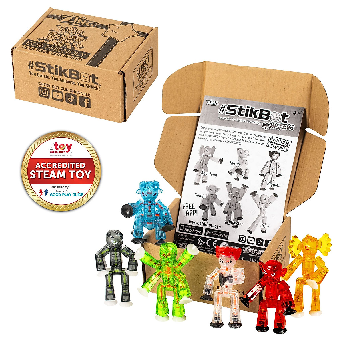 StikBot Zing Monsters, Complete Set of 6 Poseable Monster Action Figures, Includes Giggles, Goblin, Insector, Grim, Aquafang and Kyron