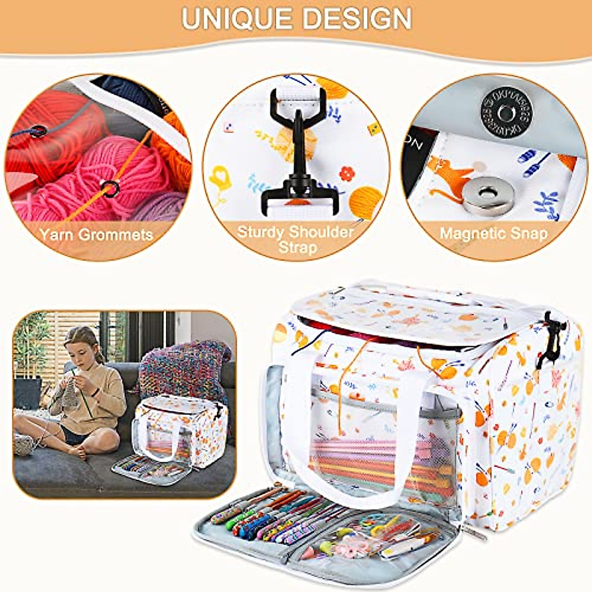 Coopay Huge Crochet Bag Knitting Bag for Crochet Hooks, Portable Yarn Bag Travel Crochet Bag with Removable Inner Divider for Crochet Yarn & Knitting Crochet Supplies -Ideal Knitting Gifts