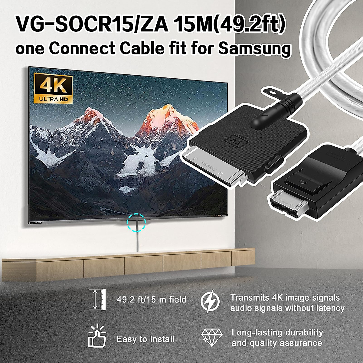 New 15m One Invisible Connection Cable VG-SOCR15/ZA Applicable for Samsung QLED 4K/The Frame TV Only, Compatible with QN75Q90RAFXZA QN65Q90RAFXZA QN65LS03RAFXZA QN55LS03RAFXZA QN55LS03BDFXZA
