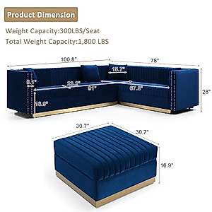 GNIXUU Convertible 6 Seater U Shaped Corner Sofa, L Shaped Sectional Couch Set with Ottoman, 2 Pieces 3 Seat Velvet Couches for Living Room, Large Space, Blue