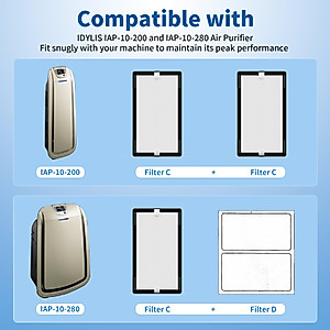 4 Packs IAF-H-100C Replacment Filter C Compatible with Idylis IAP-10-200, IAP-10-280 Air Cleaner Purifier with 4 Extra Activated Carbon Pre-Filters