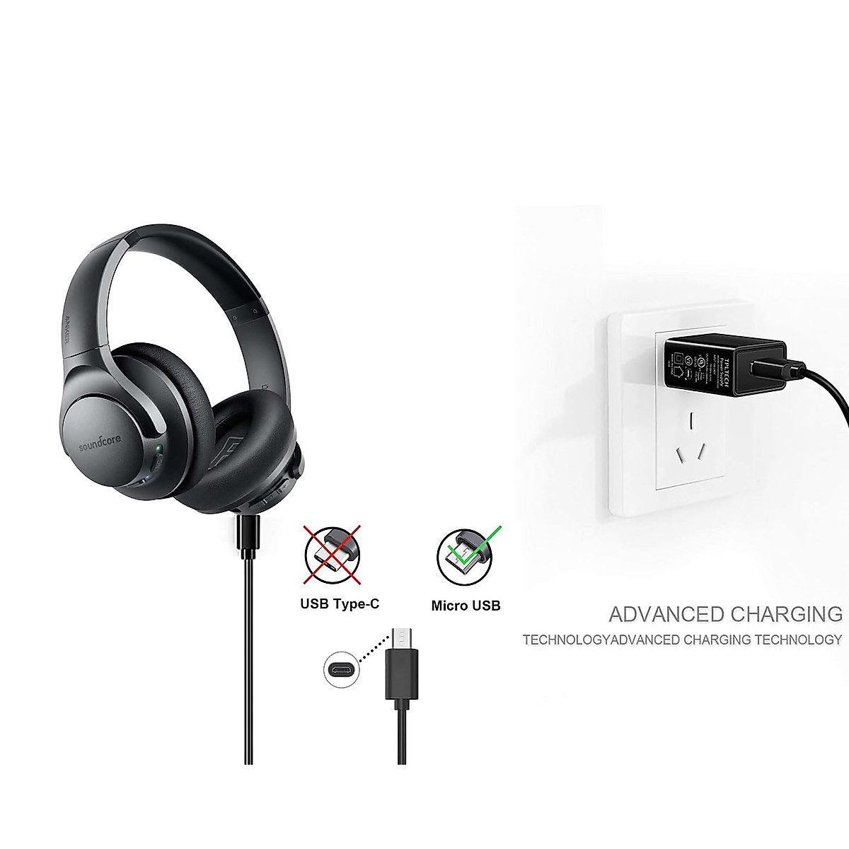 Noise Cancelling Headphones Charger Cable for ZIHNIC, Soundcore Life Q20, iJoy Old Version, MUSICOZY, TUINYO, OneOdio A70, A11, MIDOLA, Gorsun Wireless Bluetooth Headphones Micro Charging Cord Adapter