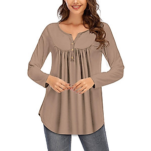 Beauhuty Womens Long Sleeve Tops Casual Henley V-Neck Loose Fit Pleated Tunic Shirt Blouses (Long-Light Coffee,S)