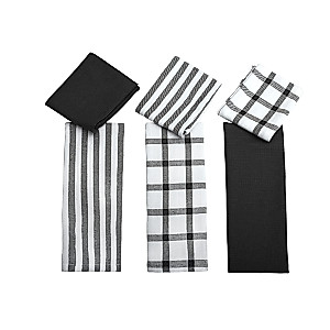 Black Kitchen Towels - Linen Dish Towels - Black and White Striped Kitchen Towels - Farmhouse Dish Towels - Black Cotton Dish Towels Machine Washable, Linen Collection Bar Dish Towels 6 Pack, 16X27