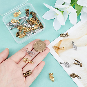 PH PandaHall Pinch Bails Hollow Curved, 30 pcs 3 Colors Brass Bail Clip Clasp Tibetan Dangle Charm Bead Pendant Connector for DIY Necklace Jewelry Craft, Platinum/Antique Bronze/Golden, 24mm, 1mm Pin