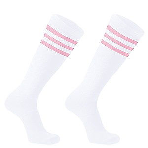 DOOVID Knee High Socks for Women Tube Socks Elasticity Athletic Socks Stripe Knee High Stockings Casual Socks White Pink One Size