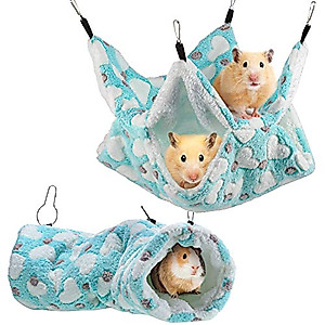 2 Pieces Small Pet Cage Hammock Hanging Tunnel for Small Animals Hanging Bed Cage Guinea Hammock Cage Accessories for Ferret Rat Chincilla Hammock Sleeper Cage Accessories Set (Green, Heart)