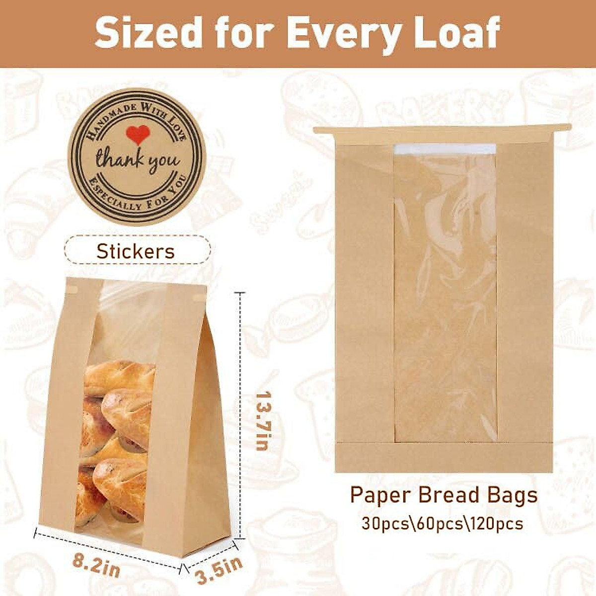 30-Pack Paper Bread Bags for Homemade Bread Sourdough Bread Bags with Tin Tie Tab Lock, Large Kraft Paper Bread Loaf Bag with Clear Window and Label Seal Stickers for Baked Food Packaging Storage