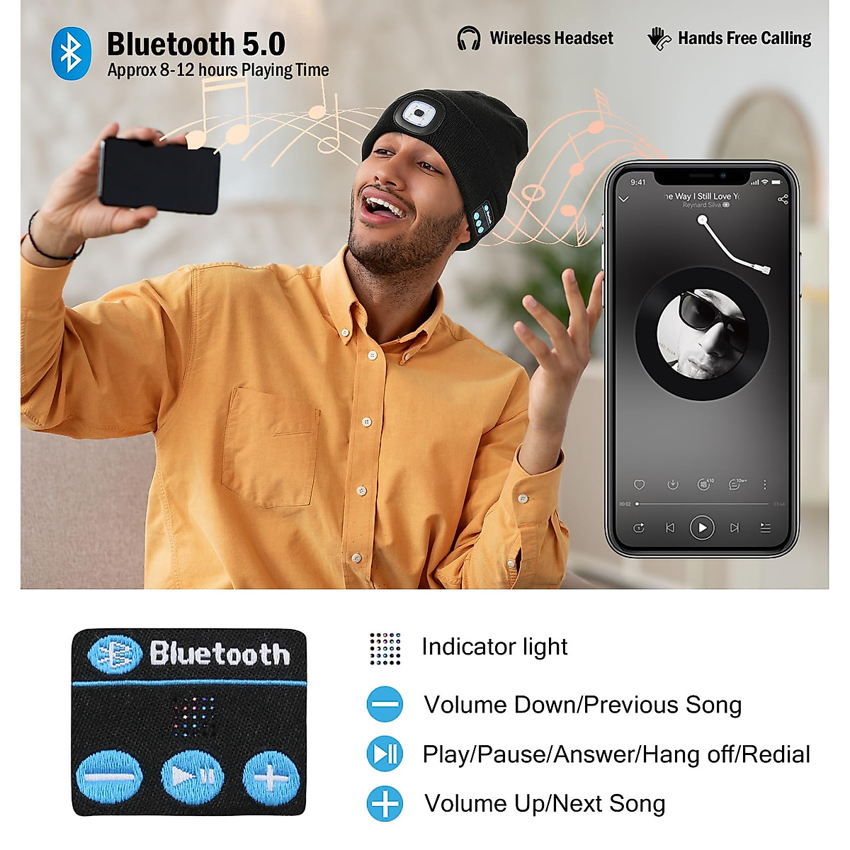 Bluetooth Beanie Hat with Light, Unique Tech Gifts for Men Husband Him Teen, Wireless Headphones for Fishing Jogging Working, Christmas Stocking Stuffers Black