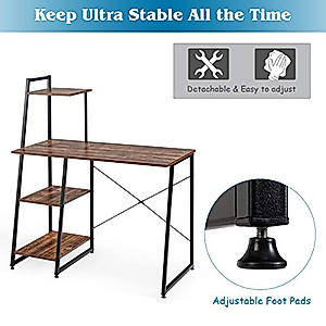 Tangkula Computer Desk with 4 Tier Shelves, Writing Desk Study Desk, Compact Computer Desk Workstation with X-Shaped Metal Frame & Adjustable Foot Pads, Home Office Desk (Brown)
