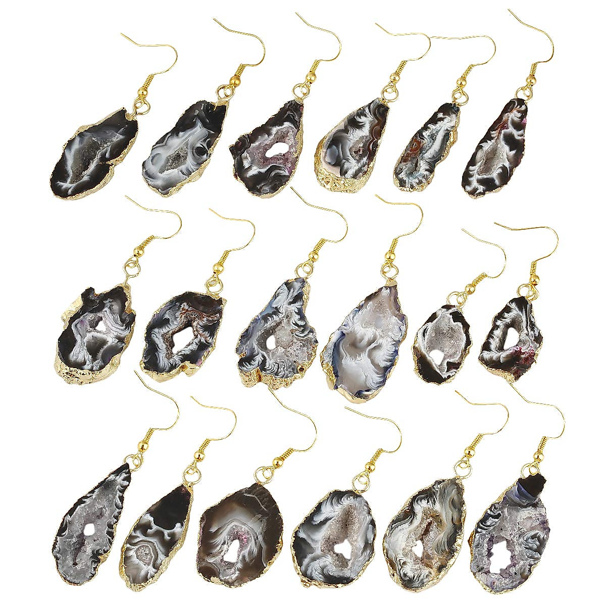 Nupuyai Natural Stone Drop Earrings for Women, Druzy Agate Geode Crystal Quartz Dangle Hook Earrings, Gold Plated, Pack of 2