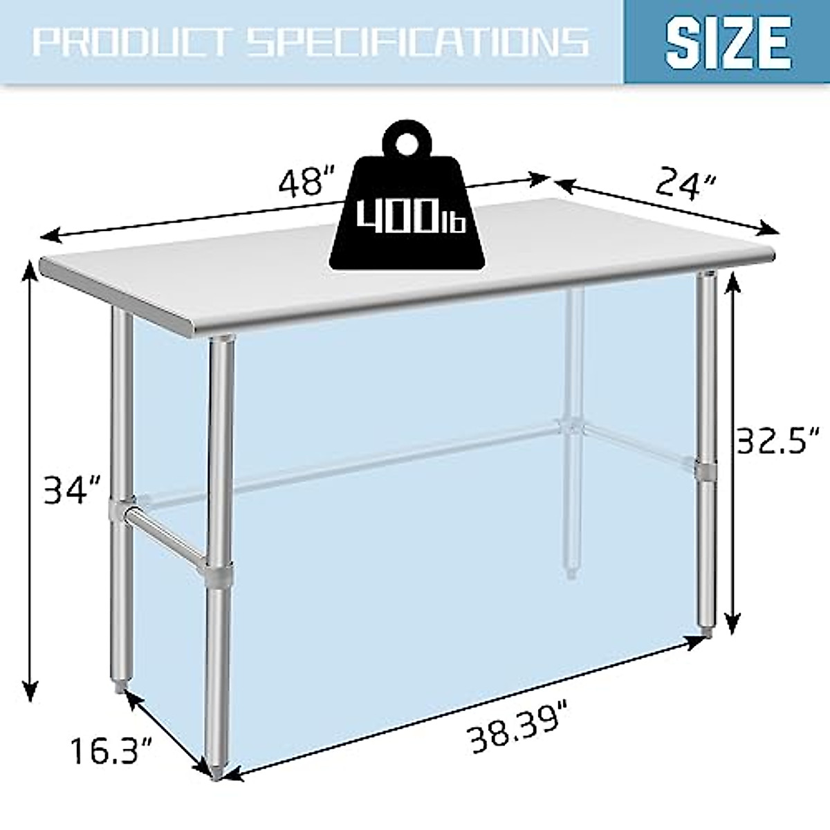 Hally Open Base Stainless Steel Table 24 x 48 Inches, NSF Commercial Heavy Duty Prep & Work Table with Galvanized Legs for Restaurant, Home and Hotel