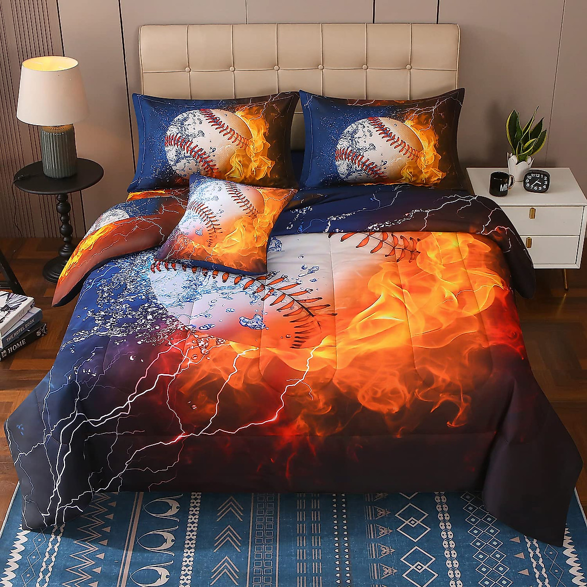JQinHome Twin Baseball and Fire Comforter Sets for Boys,6 Piece Bed in A Bag 3D Sport Themed Bedding -All Season Soft Microfiber Bedding Sets, Pillowcase, Flat Sheet, Fitted Sheet,Cushion Cover
