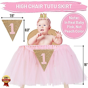 1st Birthday Girl Decoration High Chair Tutu Skirt WITH No.1 Crown -1st Birthday Decorations Cake Smash for Baby Girls - First Birthday Banner, Princess Crown and 'ONE' Cake Topper in Baby Pink n Gold