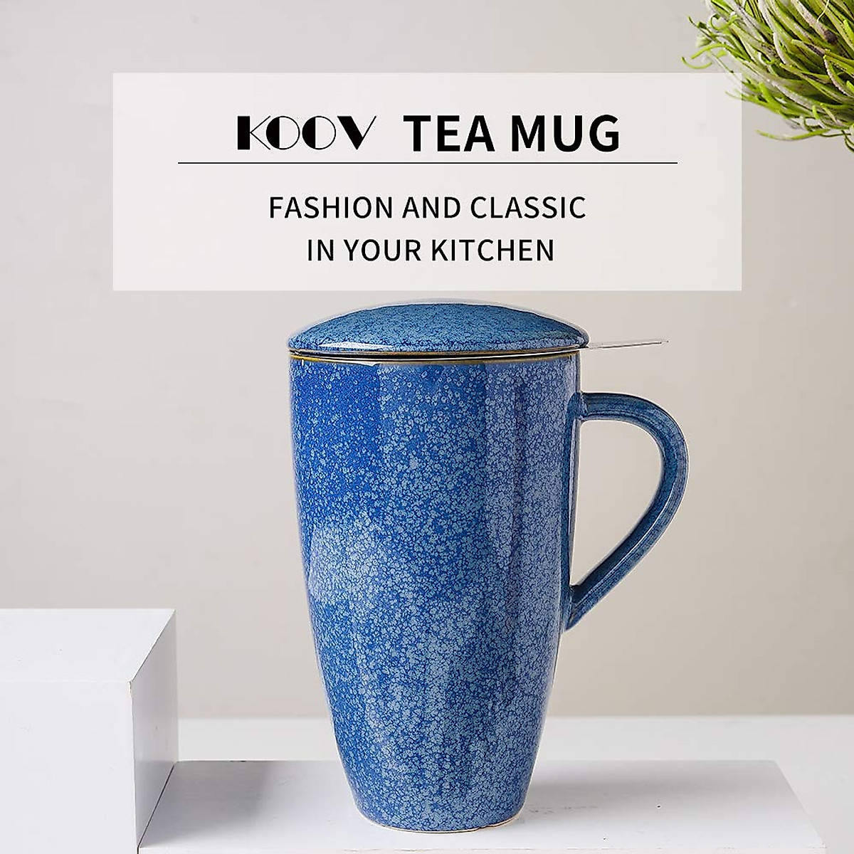 KOOV Porcelain Hot Tea Cup with Infuser and Lid, 18 OZ Tea Mug with Lid, Tea Infuser Mug, Tea Steeper for Loose Tea Mug, Steeping Tea Cup (Reactive Blue)