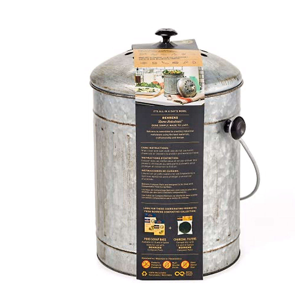 Behrens Kitchen Countertop Compost Bin With Lid, Aged Metal, 1.5-Gallon Capacity