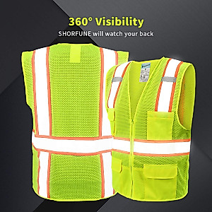 SHORFUNE High Visibility Safety Vest with 10 Pockets, Mic Tabs, Zipper and Reflective Strips, Reflective Construction Vest for Men and Women, ANSI/ISEA Standards, Yellow, M
