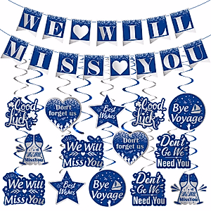 Blue Farewell Party Decorations Navy Blue Silver We Will Miss You Banner and 14Pcs Good Luck Hanging Swirls for Retirement Farewell Going Away Graduation Office Job Change Goodbye Party Supplies Decor