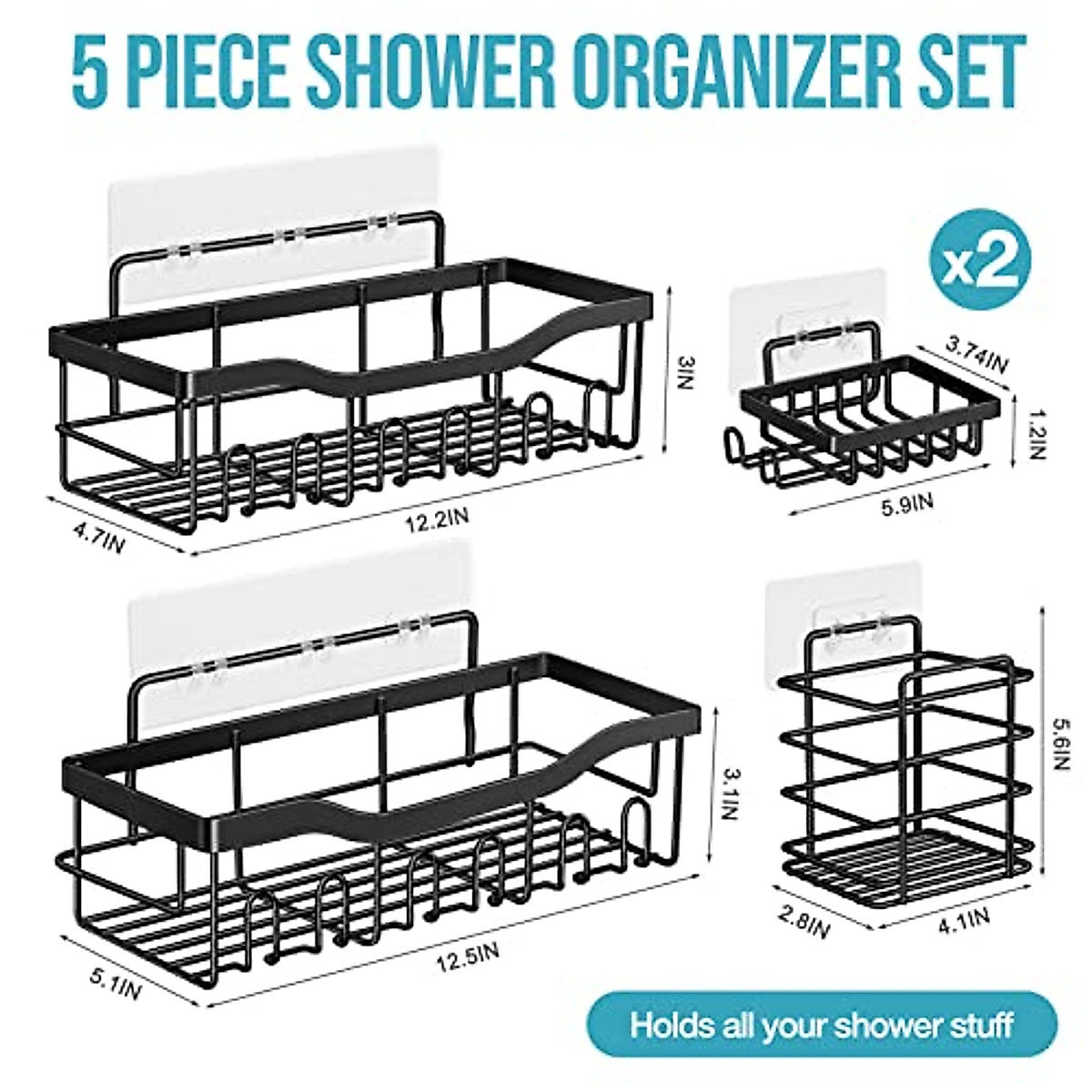 Gocvo Shower Caddy, 5 Pack Shower Shelves Bathroom Organizer No Drilling Adhesive Shower Wall Shelves Rustproof Stainless Steel Storage Shower Rack