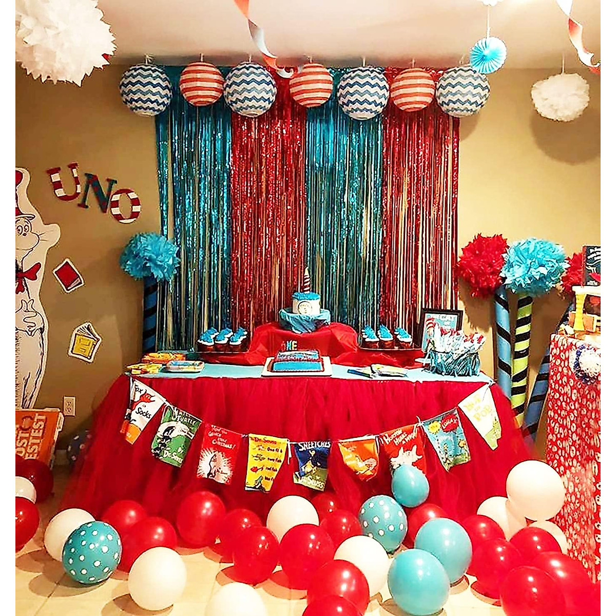 Cat in The Hat Birthday Decorations/Thing 1 and Thing 2 Baby Shower Decorations/Baby Shower/Party Decorations/Red Blue Wavy Fringe Foil Curtains Backdrop Nurse Graduation