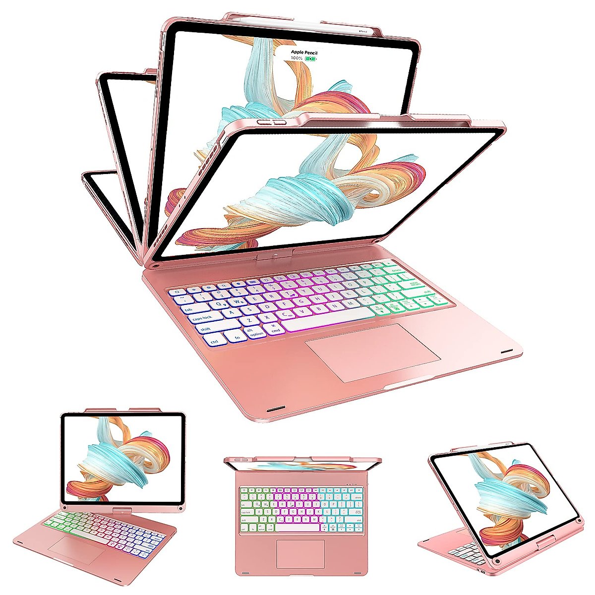 Keyboard Case for iPad Air 13-inch (M2, 2024) & iPad Pro 12.9 (6th 2022/5th 2021/4th 2020/3rd 2018 Gen), Magic 360°Rotatable & Swivel Keyboard with Trackpad, 7 Color Backlit with Pen Holder Rose Gold