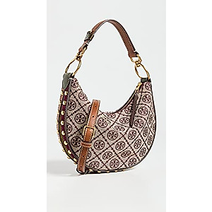 Tory Burch Women's T Monogram Jacquard Studded Mini Crescent Bag, Claret, Red, Print, One Size