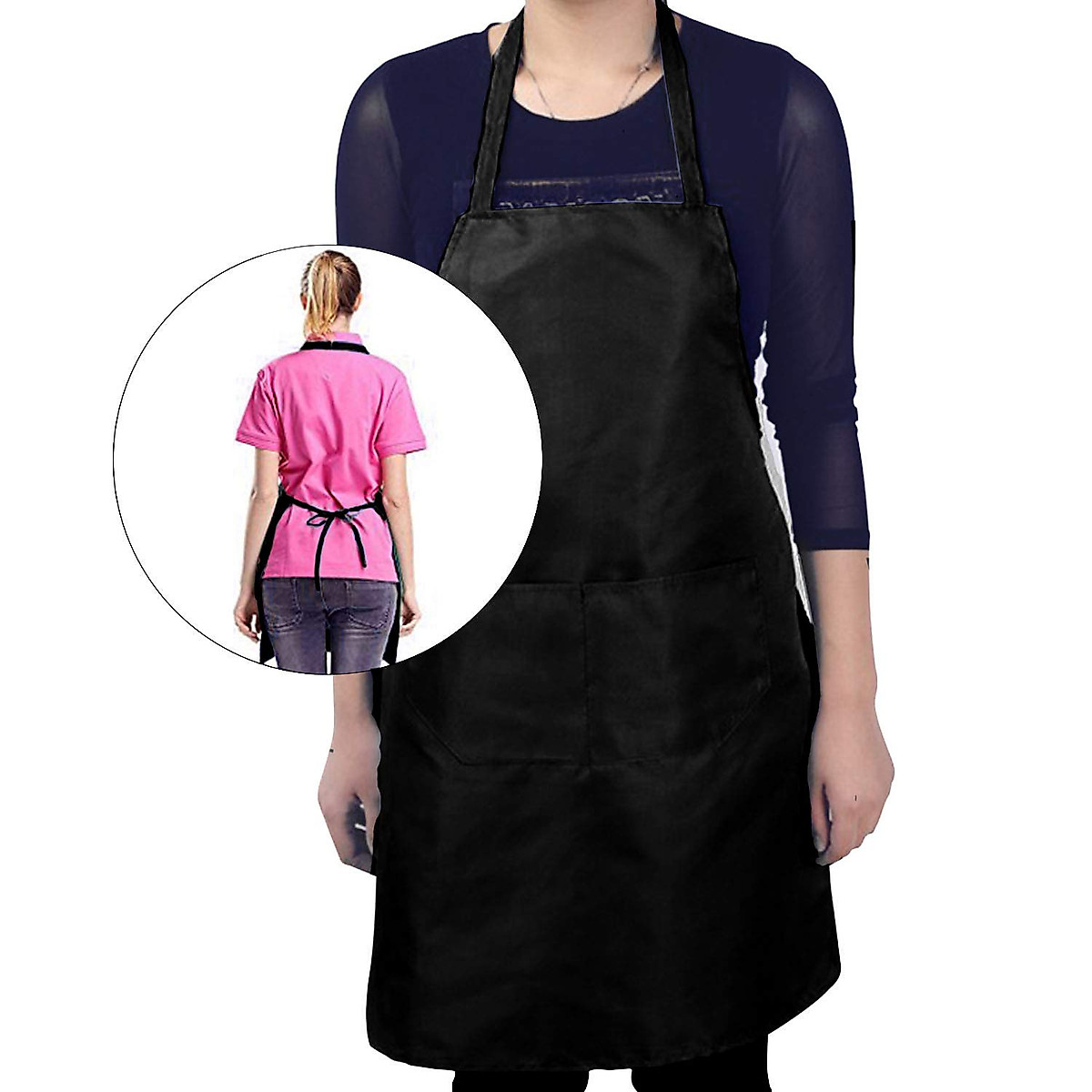 5 Pack Bib Apron - GOSIAID Unisex Black Aprons with 2 Pockets, Machine Washable Aprons for Men and Women, Kitchen Cooking BBQ Aprons Bulk