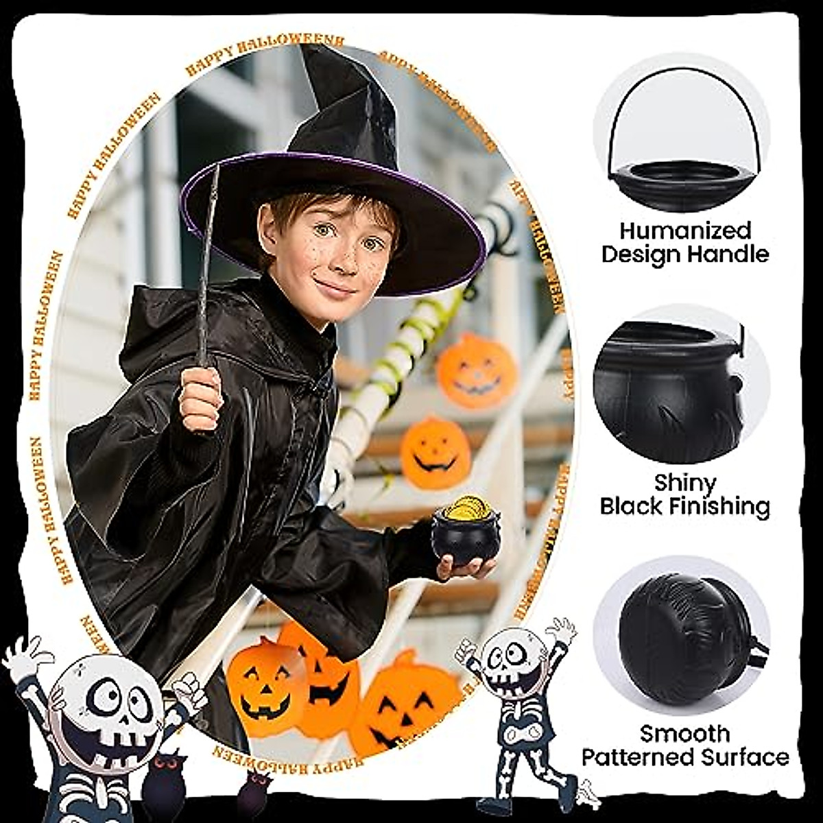 Jenaai 40 Pcs Mini Halloween Pumpkins and Cauldrons Black Witch Cauldron Small Pumpkin Pail Candy Cauldron with Handles Plastic Witch Leprechaun Pot for Wizard Trick or Treat Party Favors, 4 Styles
