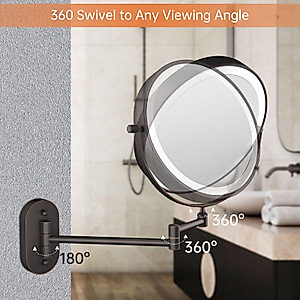 Rechargeable Wall Mounted Lighted Makeup Vanity Mirror 8 Inch Double Sided 1X 10X Magnifying Bathroom Mirror, 3 Color Lighting, Touch Dimming, Extended Arm 360 Rotation Light up Mirror Antique Bronze