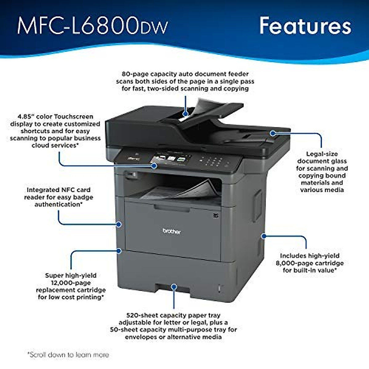 Brother MFC-L6800DW Monochrome Laser, All-in-One Printer, with Additional Lower Paper Tray (520 Sheet Capacity)