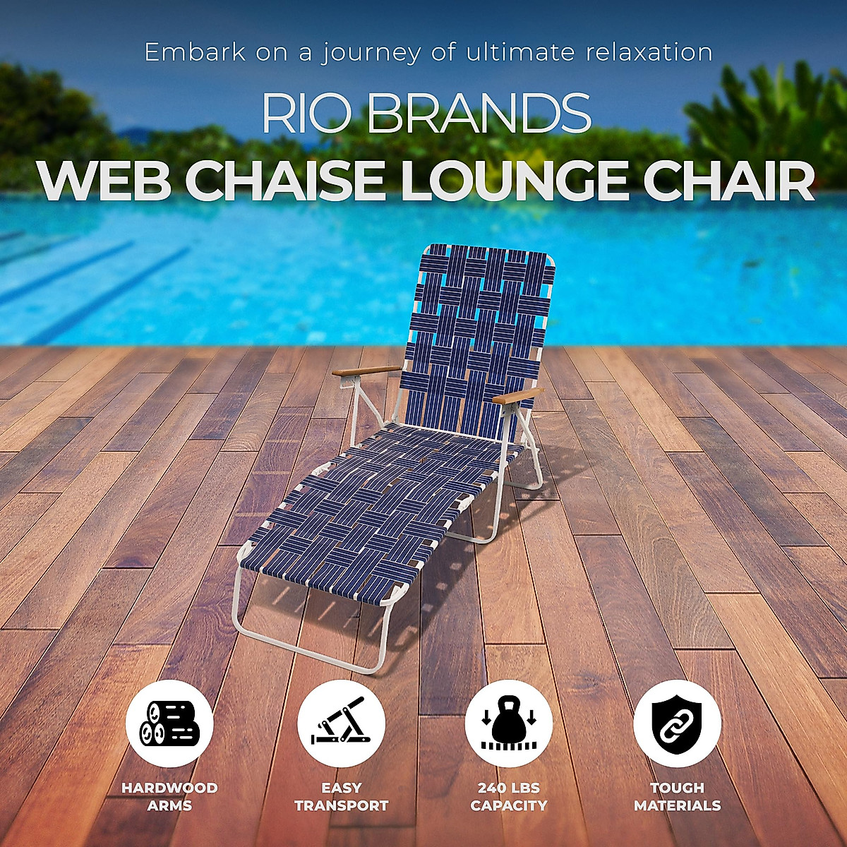 RIO Brands High Back Outdoor Folding Chaise Lounge Chair with Blue Woven Webbing, White Powder Coated Steel Frame and Hardwood Armrests, Blue (2 Pack)