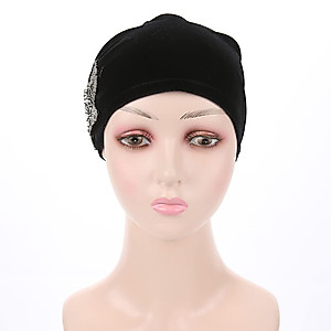 YiYi Operation Women's Stretch Velvet Turban Hat Cancer Chemo Beanie Beaded Flower Hair Wrap Cap Headwear (Black)