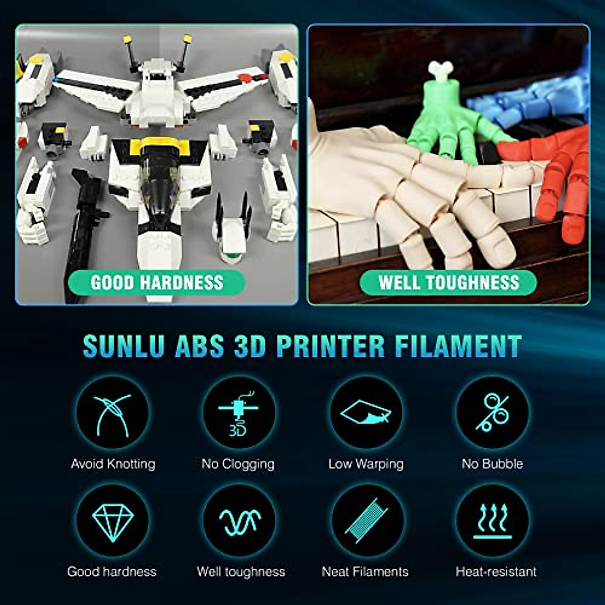 SUNLU 250g ABS Filament 1.75mm Bundle and PLA Meta 3D Printer Filament Green, Dimensional Accuracy +/- 0.02 mm, 0.25 kg Spool, 8 Rolls, Black+White+Grey+Blue+Yellow+Green+Red+Orange