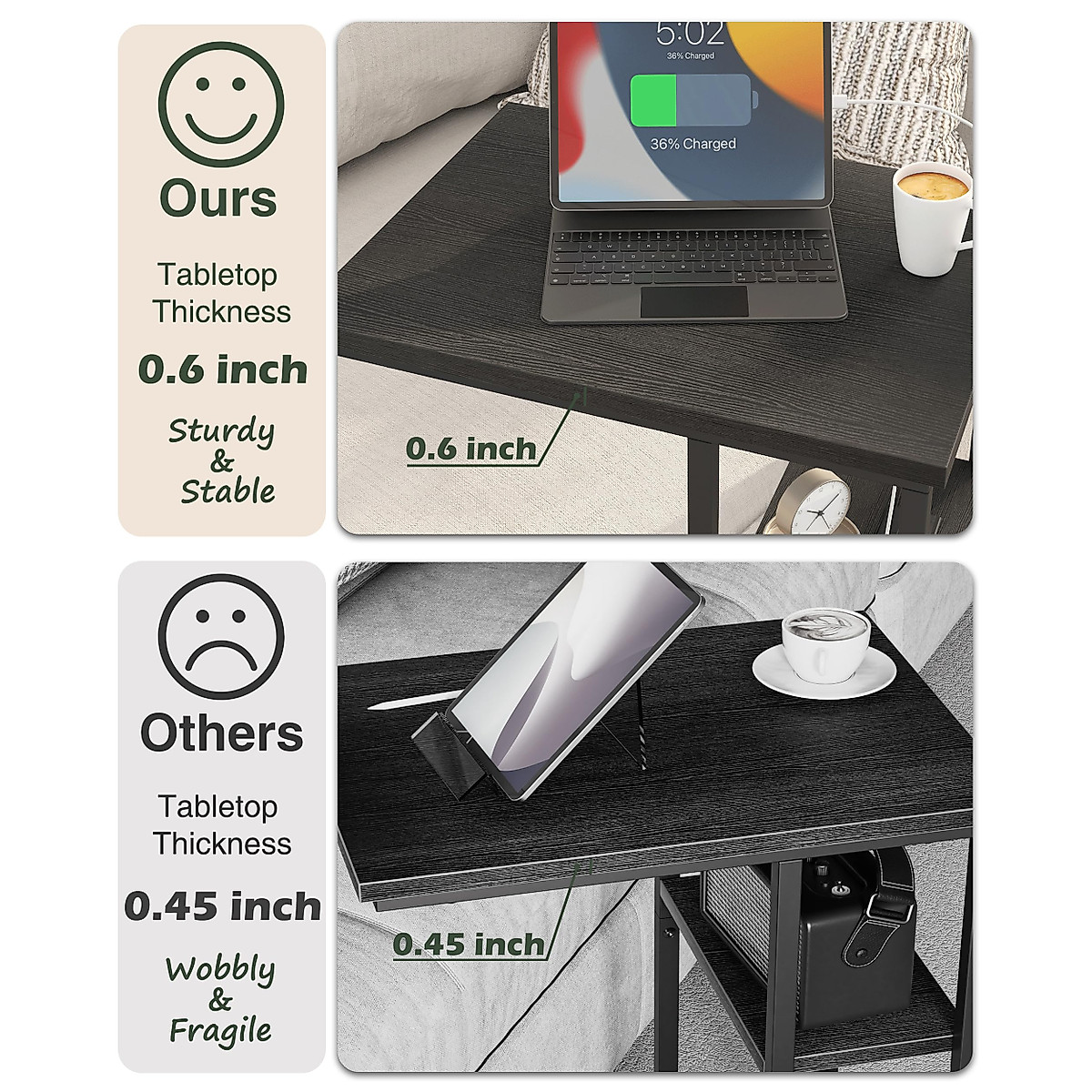 Innerjoin C Shaped End Table, Side Table with Metal Frame, TV Tray Table for Couch, 2 Shelves Sofa Table for Living Room Bedroom, Bedside, Rustic Vintage Style, Black