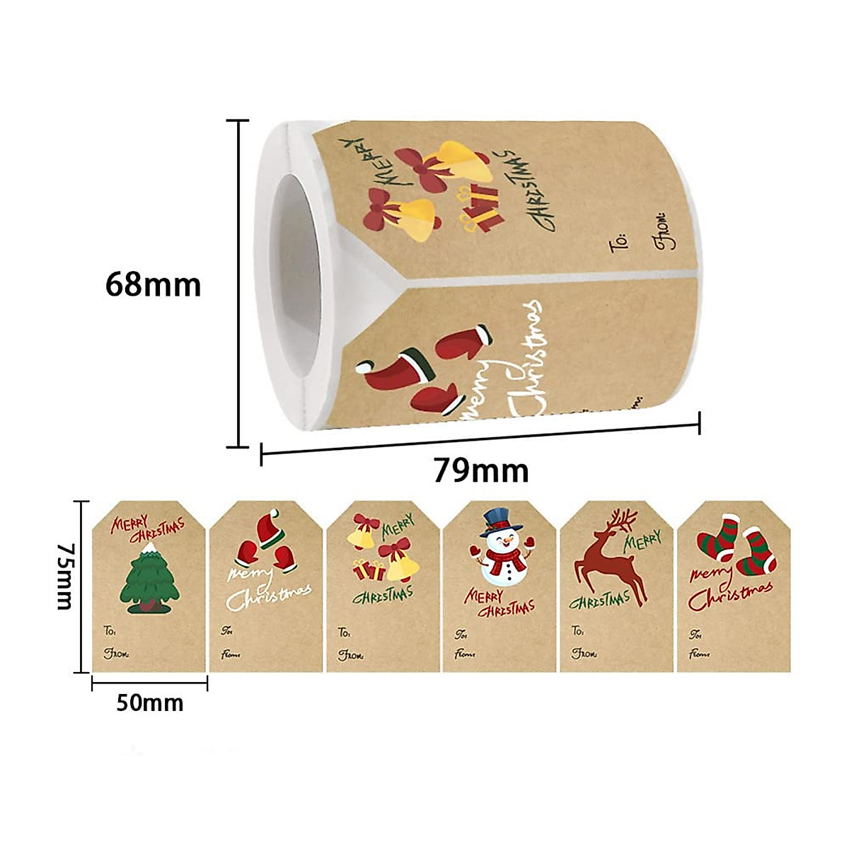 LNALAT 250pcs Kraft Christmas Stickers, 6 Styles Designs Merry Christmas Bell Handmade Sticker Roll for Christmas, Decoration Labels for Bags, Envelopes, Bubble mailers & Boxes
