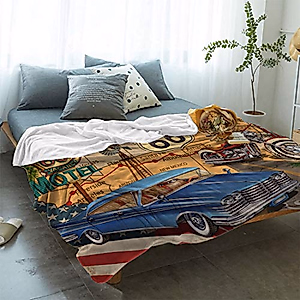 Singingin Ultra Soft Flannel Fleece Bed Blanket Retro Car Motel Route 66 Throw Blanket All Season Warm Fuzzy Light Weight Cozy Plush Blankets for Living Room/Bedroom