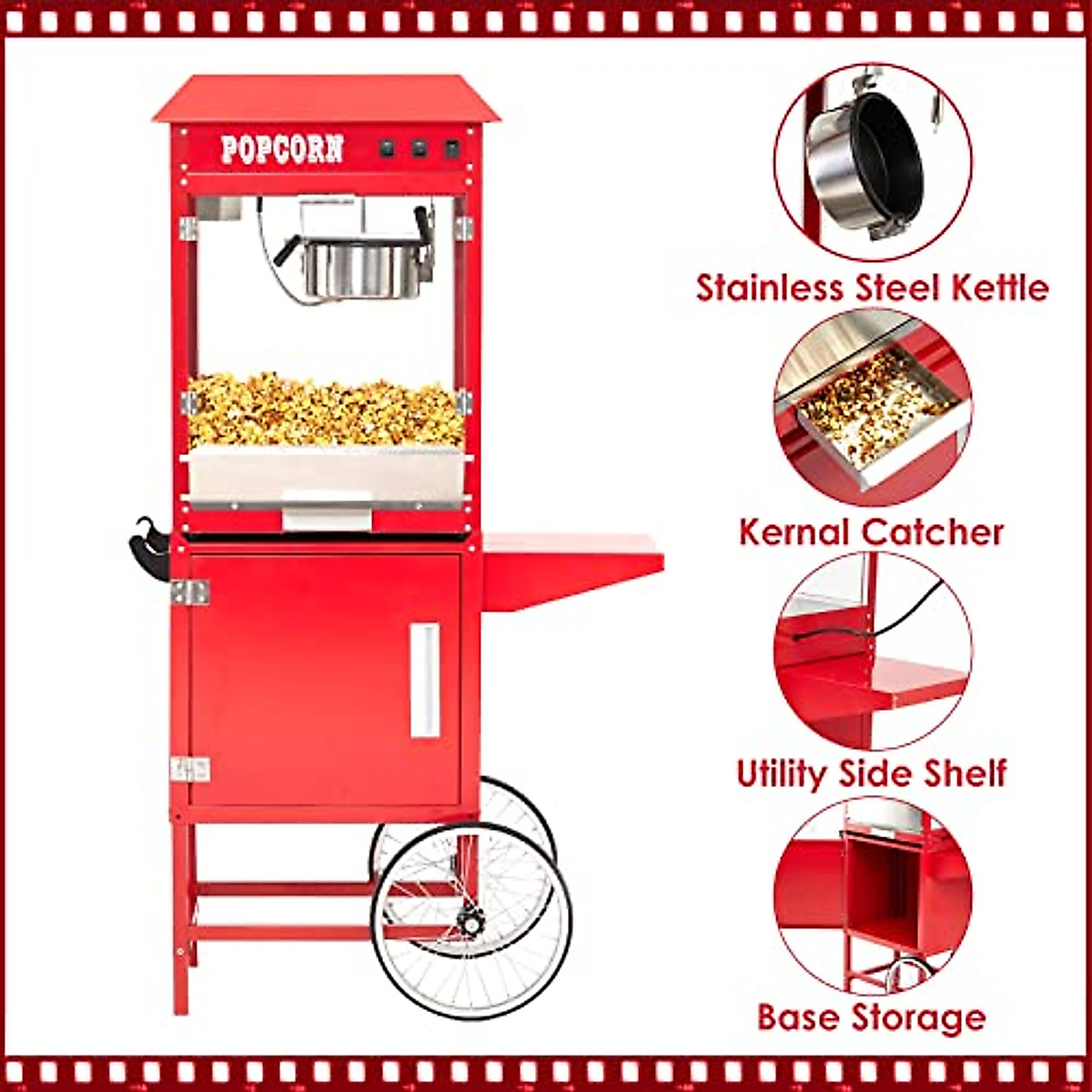 Garvee Commercial Popcorn Machine with Stand - Professional Cart Popcorn Maker Machine With 8 Oz Kettle Makes Up to 60 Cups, With Lockers for Home Movie Theater Style 34.3 * 19.3 * 31 inches