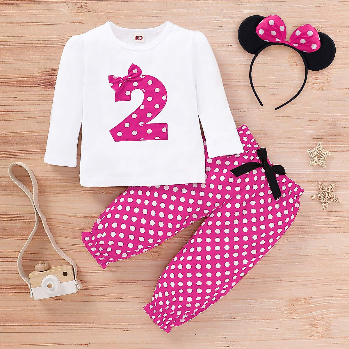 ODASDO Toddler Baby Girl 2nd Second Birthday Party Cake Smash Outfit Cotton Long Sleeve T-shirt Top Pants Ear Bowknot Headband 3pcs Clothes Set Photo Props Hot Pink 18-24 Months