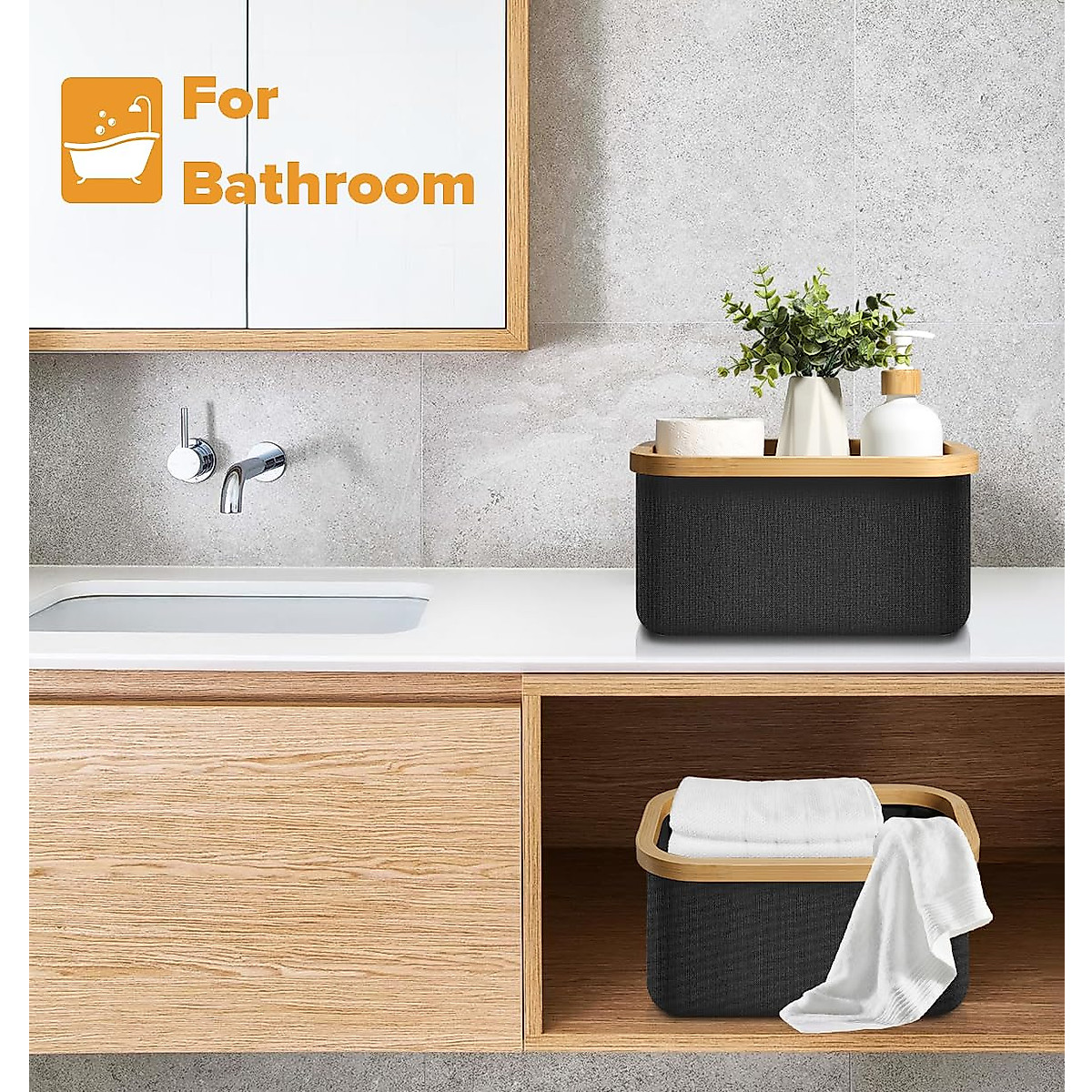 ALPIRIRAL Storage Basket For Organizing, Storage Baskets For Tank Topper, Black Storage Baskets For Shelves,Closet, Fabric Storage Bins With Bamboo Handles, 2 Pack