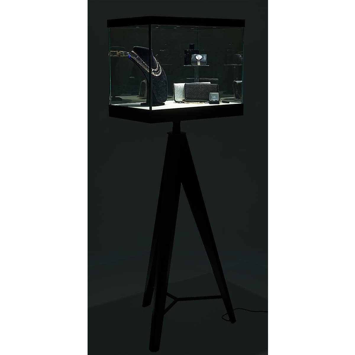 Displays2go 24" Glass Display Case w/ Pull-Out Door, 8 LED Lights, Tripod Legs - Black (DCTRIPLED)