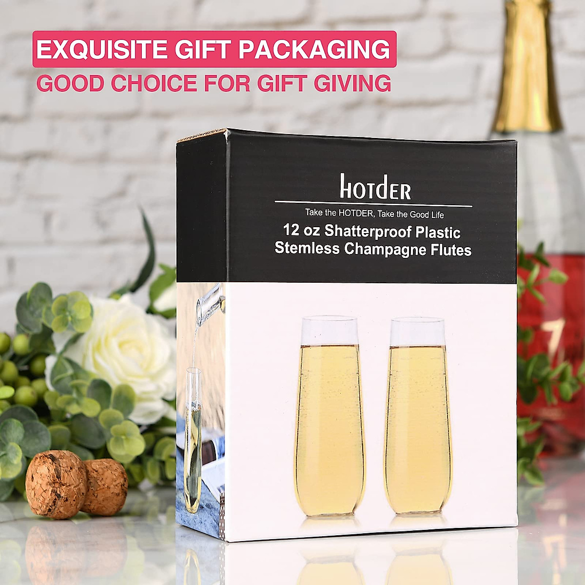 hotder 2Pack 100% Tritan Plastic Champagne Flutes,12 Oz Stemless Unbreakable Clear Plastic Toasting Glasses,Shatterproof Recyclable and BPA-Free