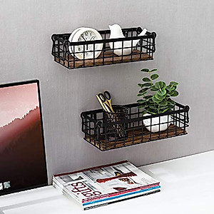 MyGift Wall Mounted or Tabletop Rustic Black Metal Wire and Burnt Wood Small Decorative Storage Baskets with Handles, Set of 2