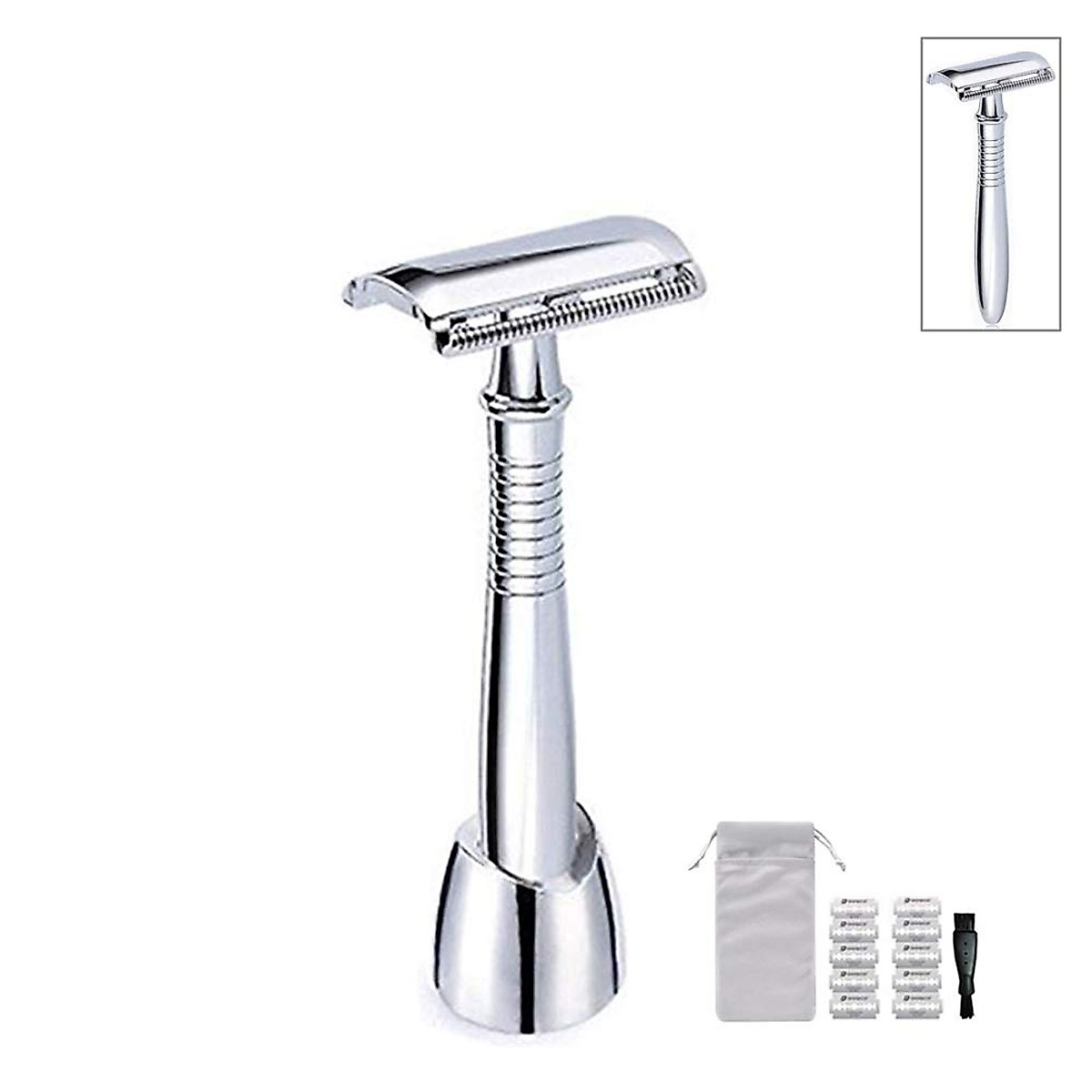 Heavy Duty Chrome Double Edge Safety Razor & Base Stand Long Handle Lengthen Version w/ 10 Platinum Super Sharp Blades + Mini Cleaning Brush & Pouch Manual Wet Shaving Gift Set for Men & Women
