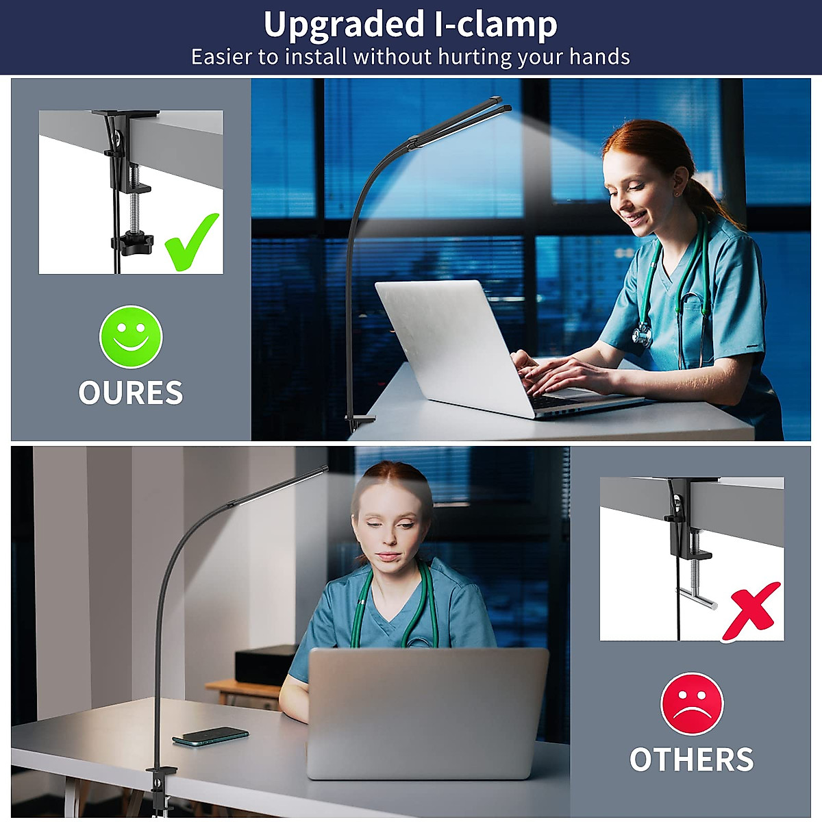 iZELL 154 LED Dimmable Desk Lamp - 【3 Colour Temperatures & 10 Brightness Levels】 2X 70cm Flexible Gooseneck with Swivel Clamp, Easy Clip on Reading Light, Led Table Lamp, Work Lamp for Home/Office