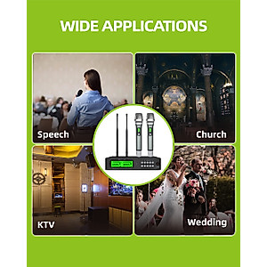 Wireless Microphone System, All Metal Dual UHF Cordless Mics of Handheld, 328ft Range, Ideal for Church, Conference and Karaoke, DJ, Wedding(KY-8208)