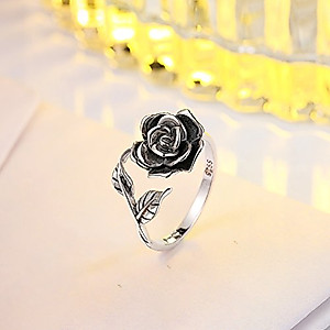 Alphm S925 Sterling Silver Rose Flower Ring Adjustable Wrap Open Jewelry for Women Friend Mom Bride Girlfriend Sisters Teen