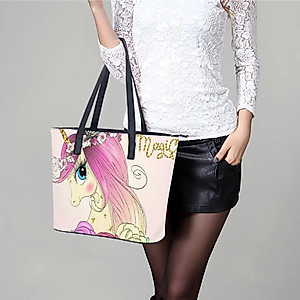 Womens Handbag Unicorn And Flowers And Butterfly Leather Tote Bag Top Handle Satchel Bags For Lady